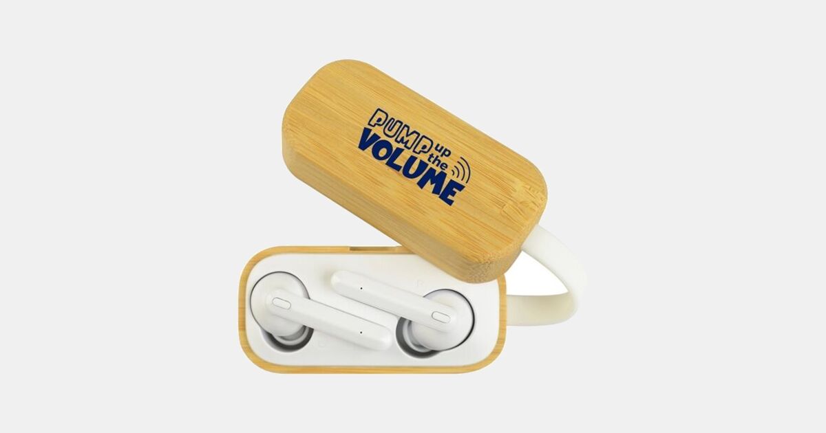 Custom ImprintedTruly Wireless Earbuds with Bamboo Charging Case with ...