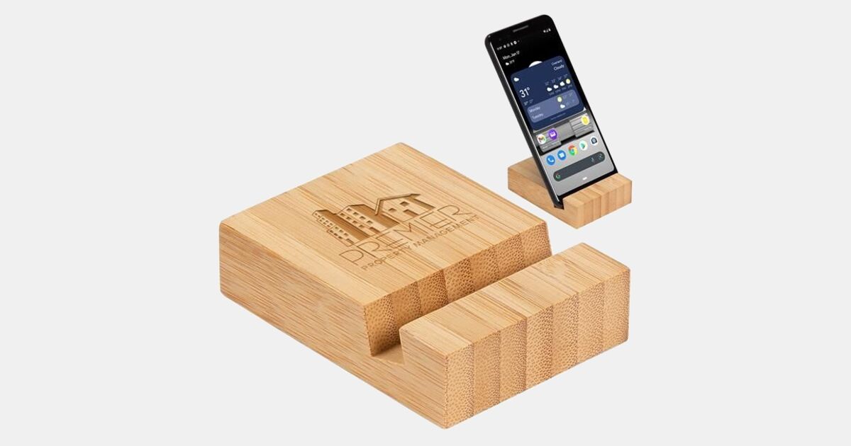 Imprinted Bamboo Bloc Phone Stand with your logo | ImprintLogo.com