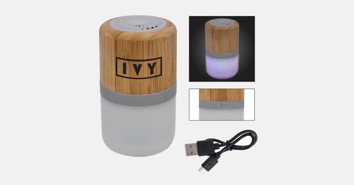 Custom Printed Bamboo Wireless Light Up Speaker with your logo | ImprintLogo.com