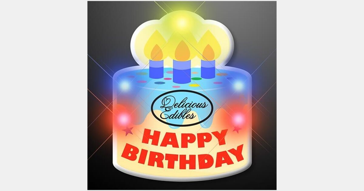Happy Birthday Cake LED Pin Blinkies with your logo | ImprintLogo.com