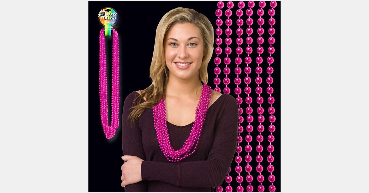 Metallic Pink Mardi Gras Beads with your logo | ImprintLogo.com