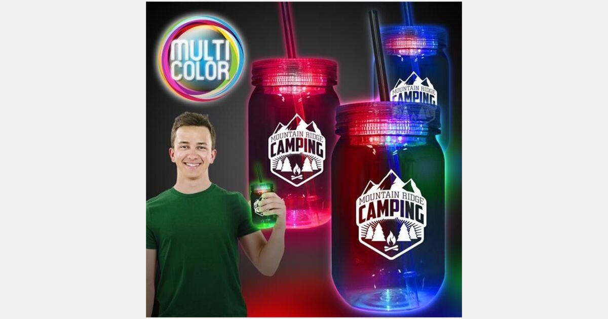 Custom Printed Multi Color LED Mason Jar with Straw 20oz with your logo ...