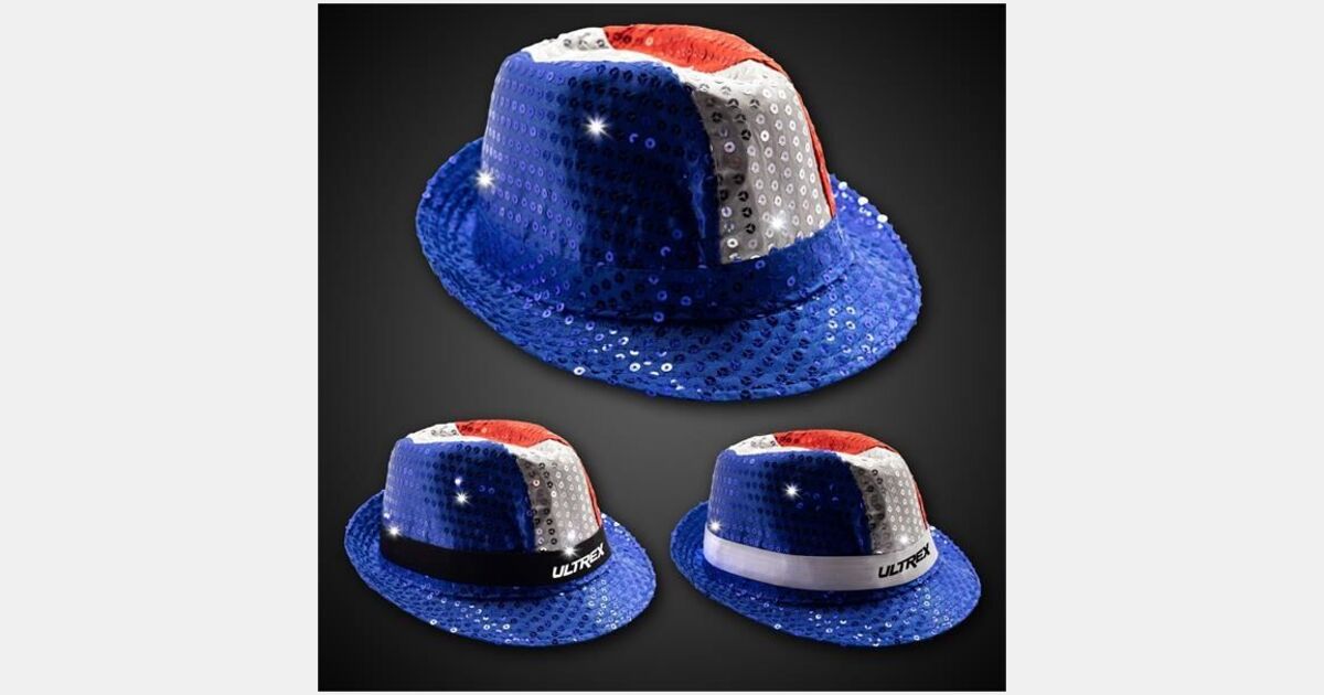 Custom Printed Patriotic Sequin LED Fedora with your logo | ImprintLogo.com