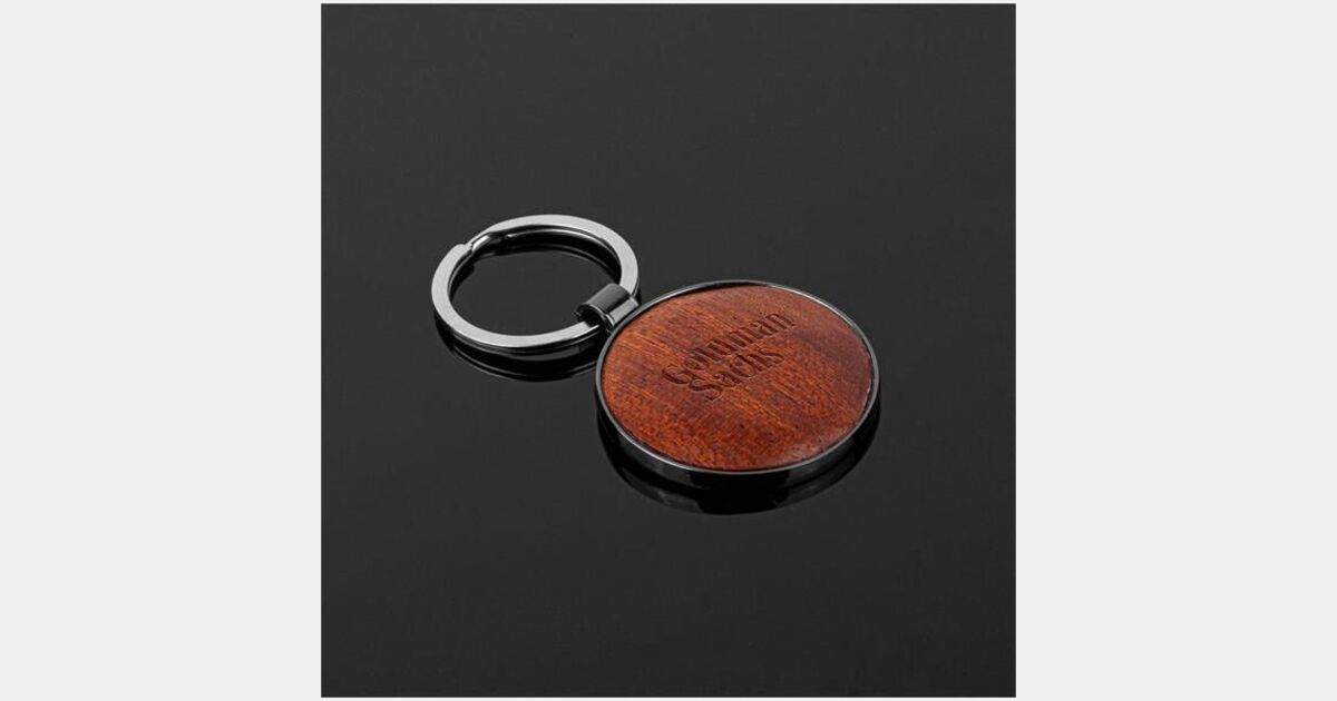 Round Beveled Wood Gunmetal Key Chain with your logo | ImprintLogo.com