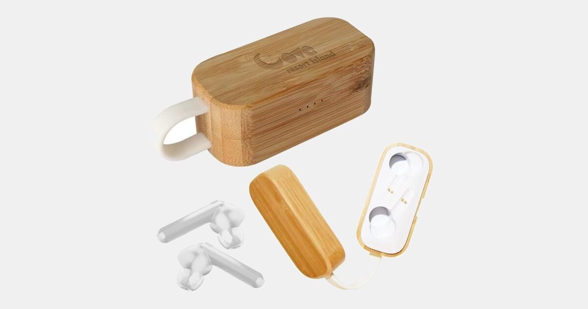 Advertising TWS Earbuds In Bamboo Charging Case with your logo ...